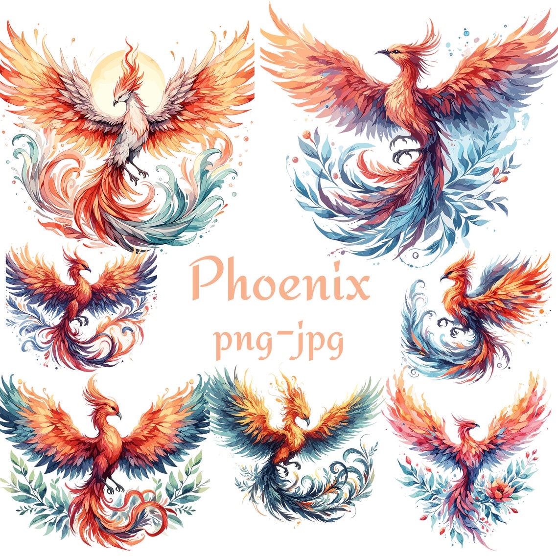 Phoenix Clipart, Watercolor Phoenix Clipart, Watercolor Phoenix 300 Dpı ...