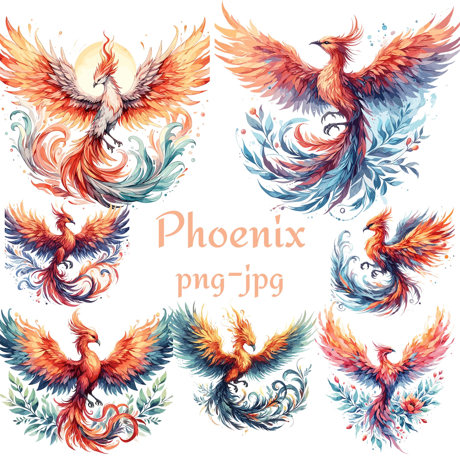 Phoenix Clipart, Watercolor Phoenix Clipart, Watercolor Phoenix 300 Dpı ...