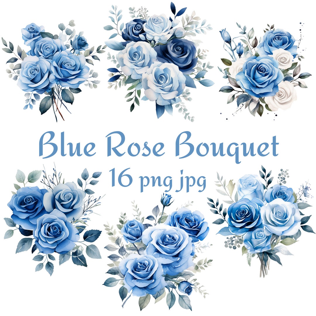 16 Blue Rose Bouquet Clipart, 16 Wedding Bridal Shower Blue Rose ...