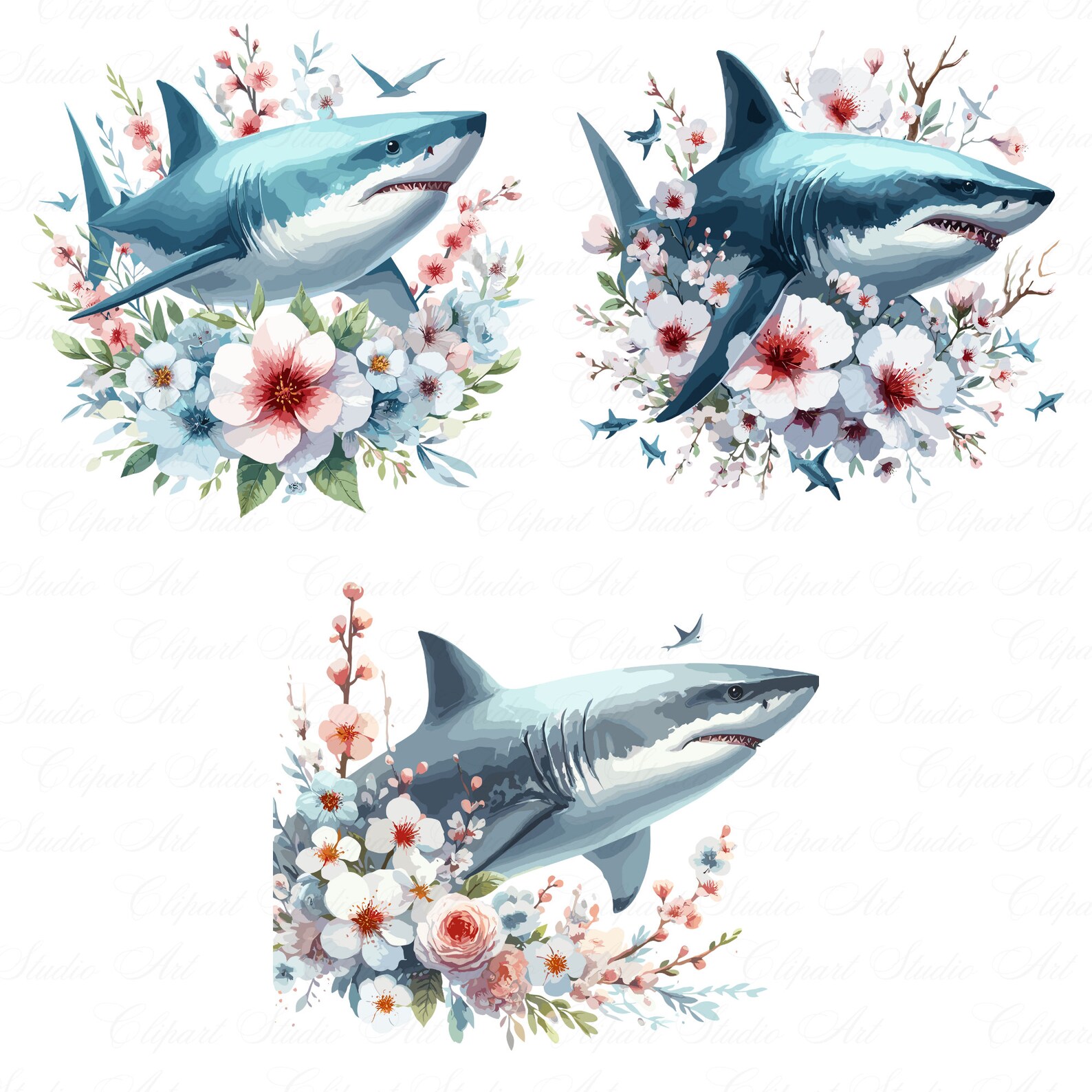 16 Great White Shark Spring Flowers Clipart, Watercolor Great White ...