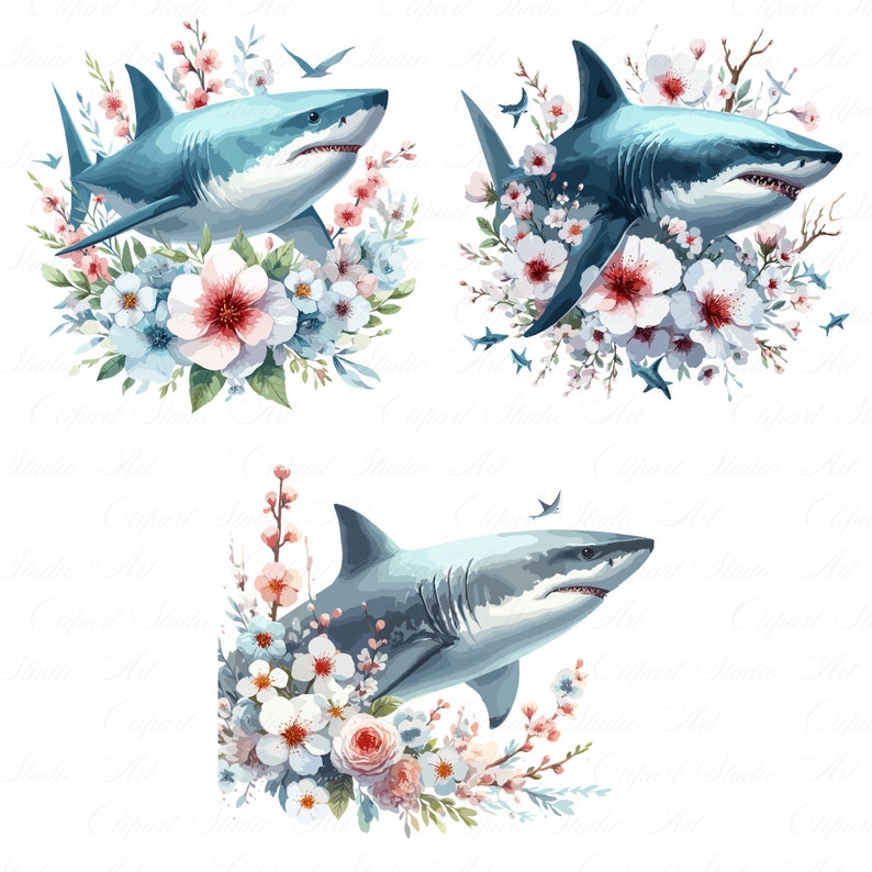 16 Great White Shark Spring Flowers Clipart, Watercolor Great White ...