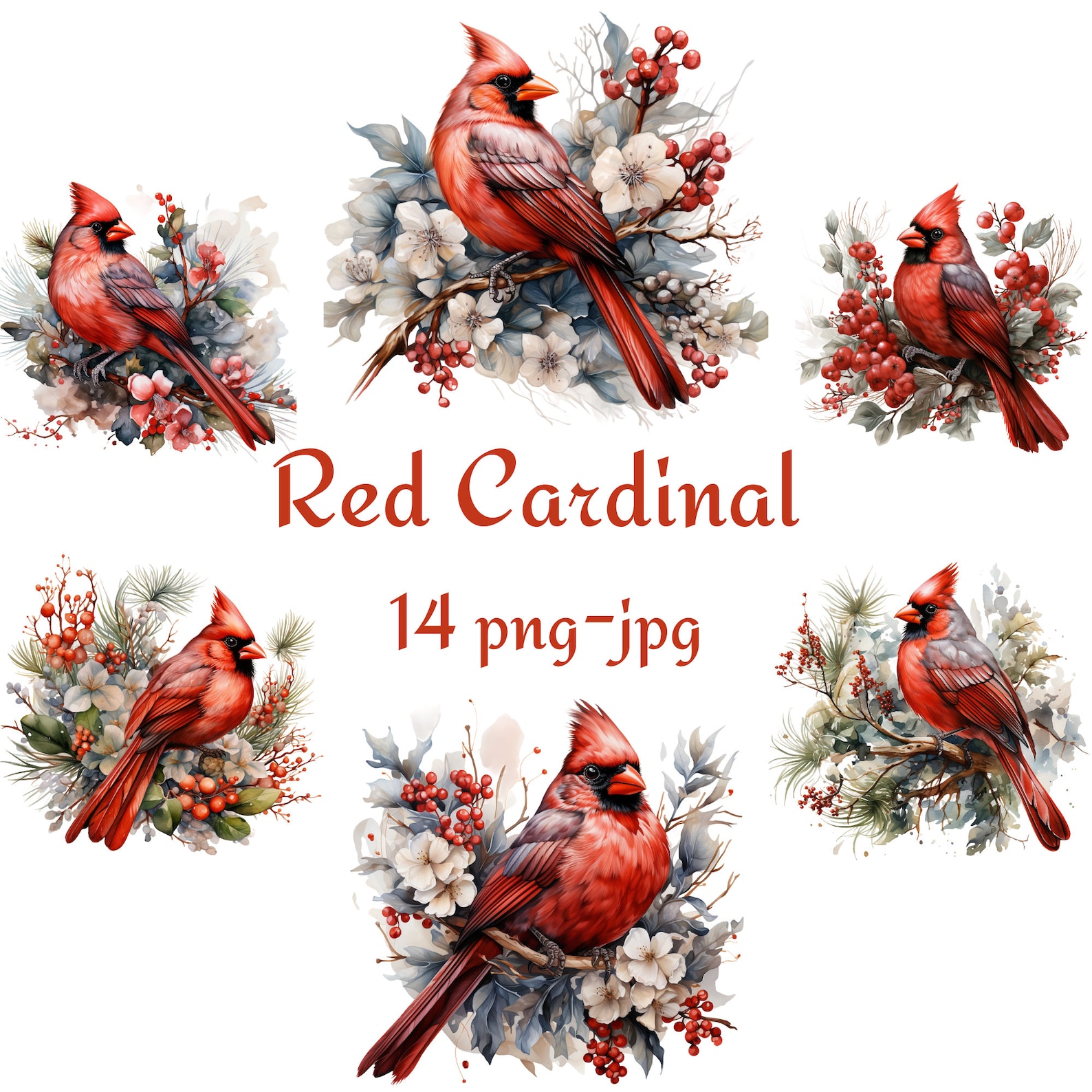 14 Red Cardinal Christmas Floral Clipart, Cardinal Birds Gift Clipart ...