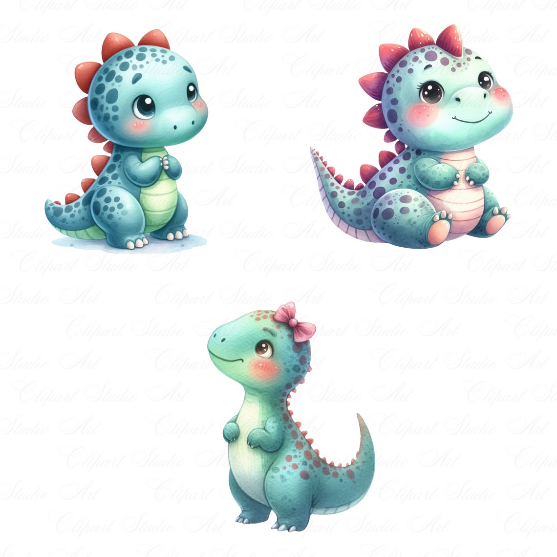 21 Cute Dinosaurs Clipart, Winter Cute Dinosaurs Clipart, Watercolor ...