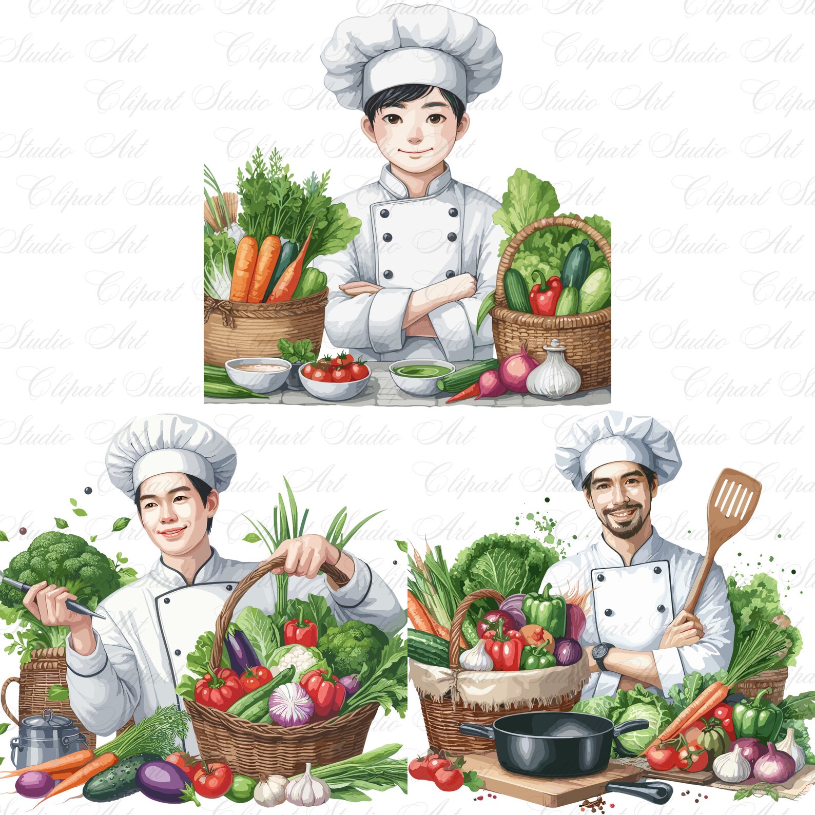 Chef's Meals Clipart, Chef's Kitchen Clipart, Watercolor Cook Clipart ...