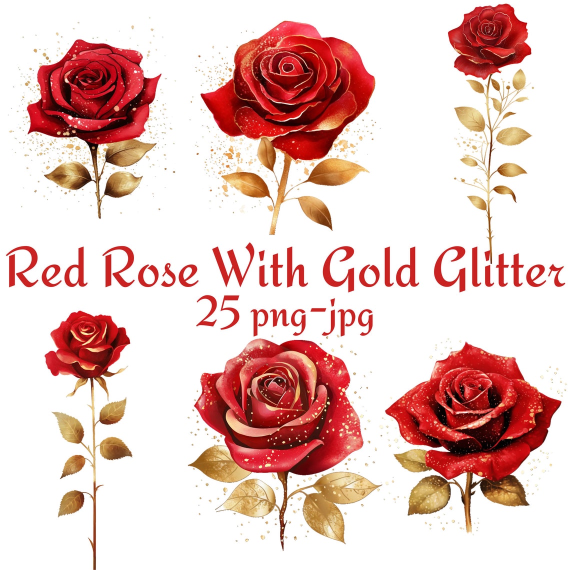 25 Red Rose With Gold Glitter Clipart, Wedding Bridal Shower Red Rose ...