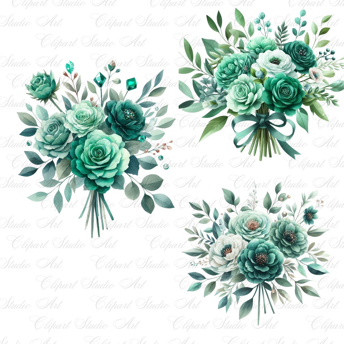 Emerald Flower Bouquet Clipart, Watercolor Emerald Flower Bouquet ...