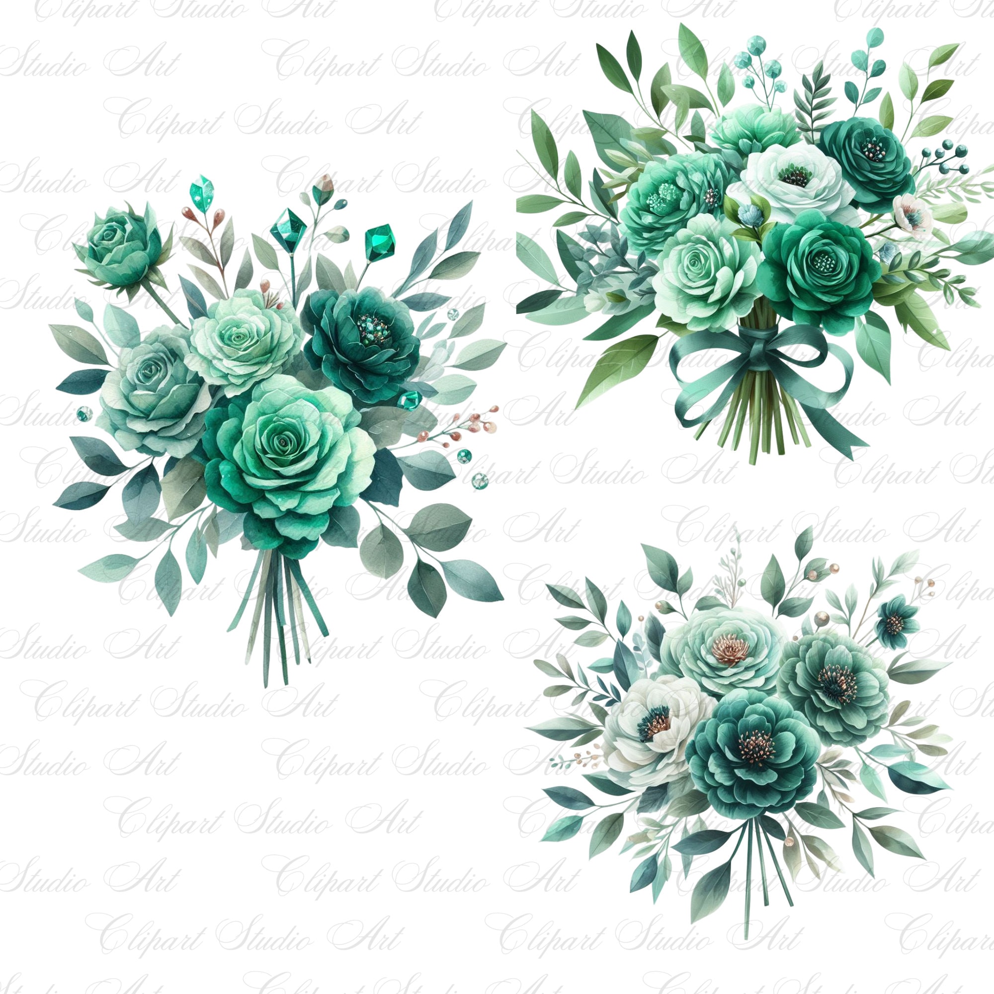 Emerald Flower Bouquet Clipart, Watercolor Emerald Flower Bouquet Clipart, Green Flower Bouquet ...