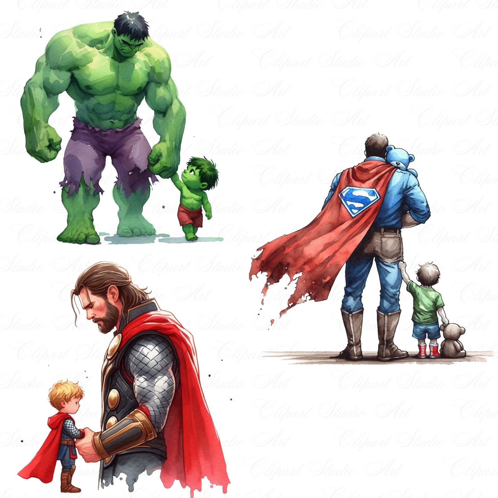 21 Hero Fathers Clipart, Father and Children Heros Clipart, Watercolor ...