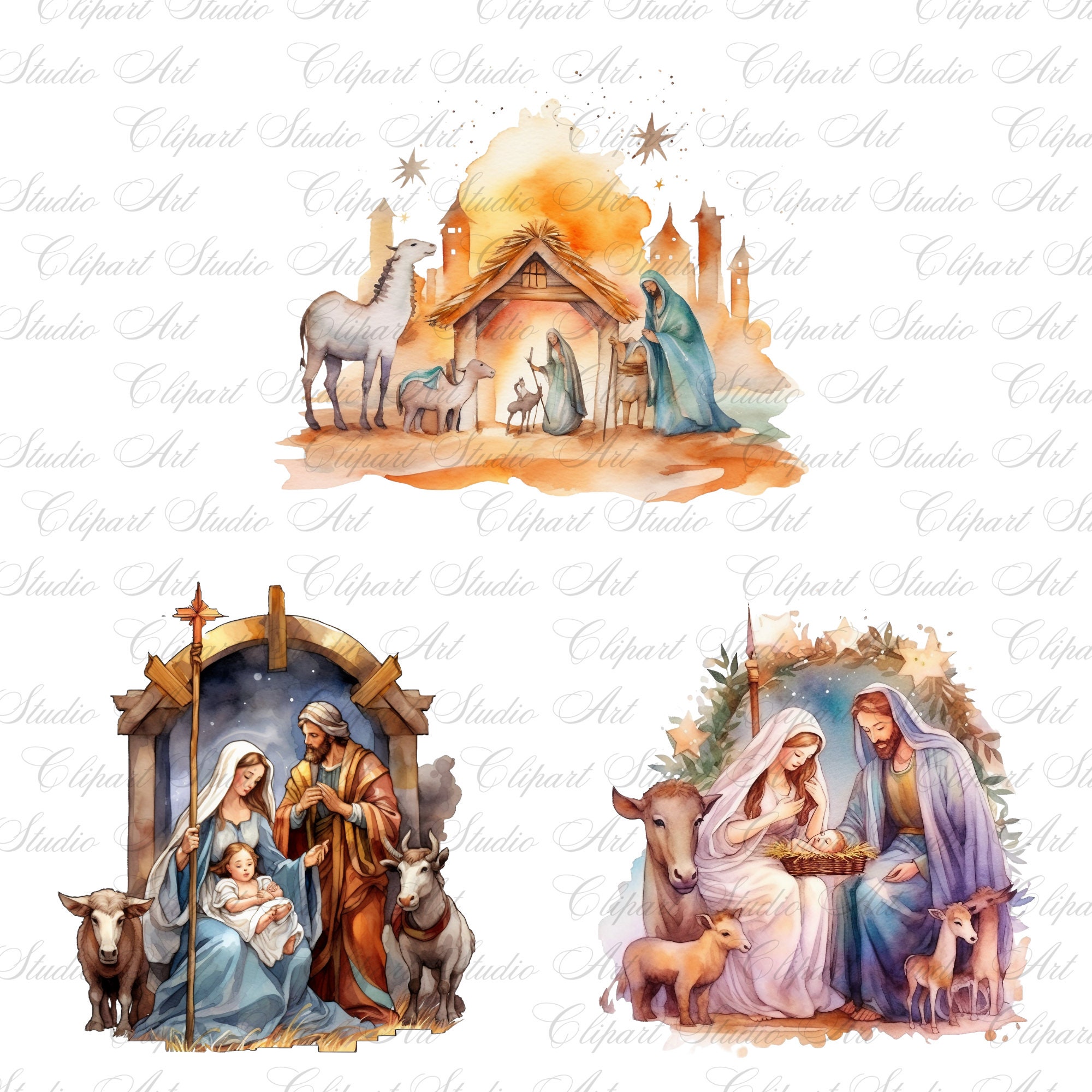 Nativity Scene Clipart Watercolor Bundle, Christmas Religious Nativity ...