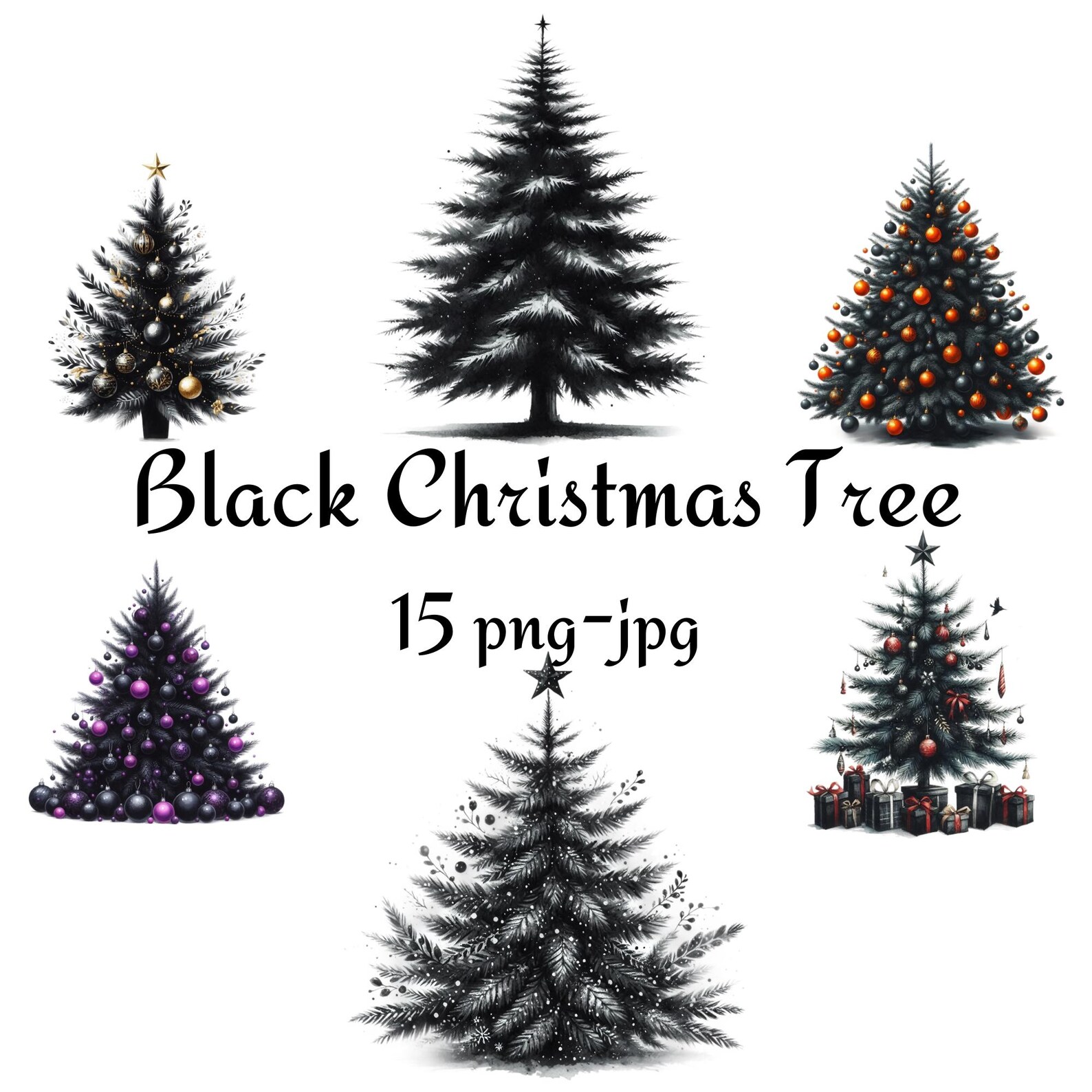 15 Black Christmas Tree Clipart, Christmas Tree Clipart, Watercolor ...
