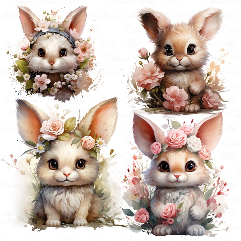 15 Cute Flowery Rabbits Clipart, Floral Bunnies Collection Clipart ...