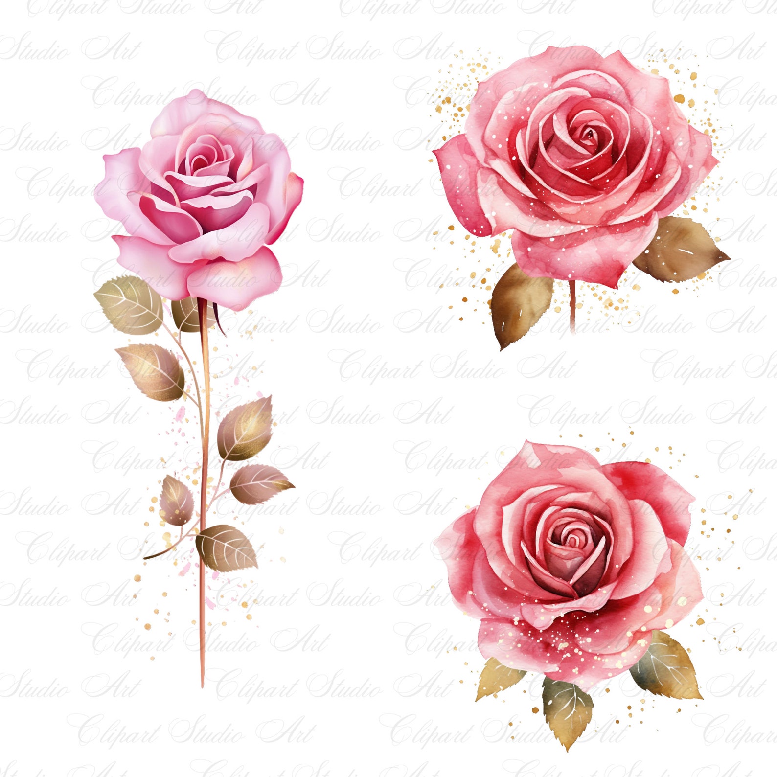 19 Pink Rose With Golden Glitter Clipart, Wedding Bridal Shower Pink ...