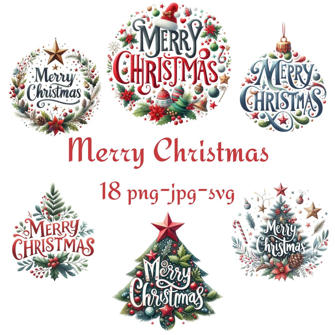 18 Merry Christmas Clipart, Merry Christmas Text Clipart, Watercolor ...