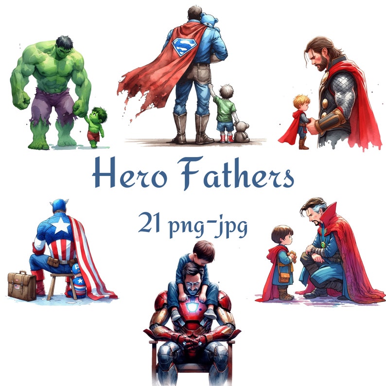 21 Hero Fathers Clipart, Father and Children Heros Clipart, Watercolor Hero Fathers High Quality ...