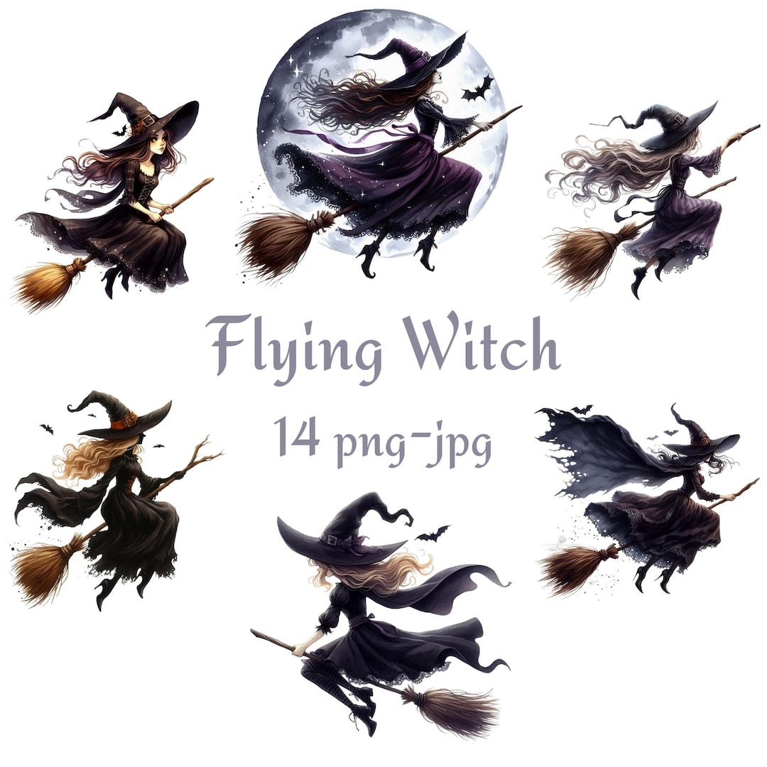 14 Halloween Flying Witch Clipart, Halloween Witch and Broom ...
