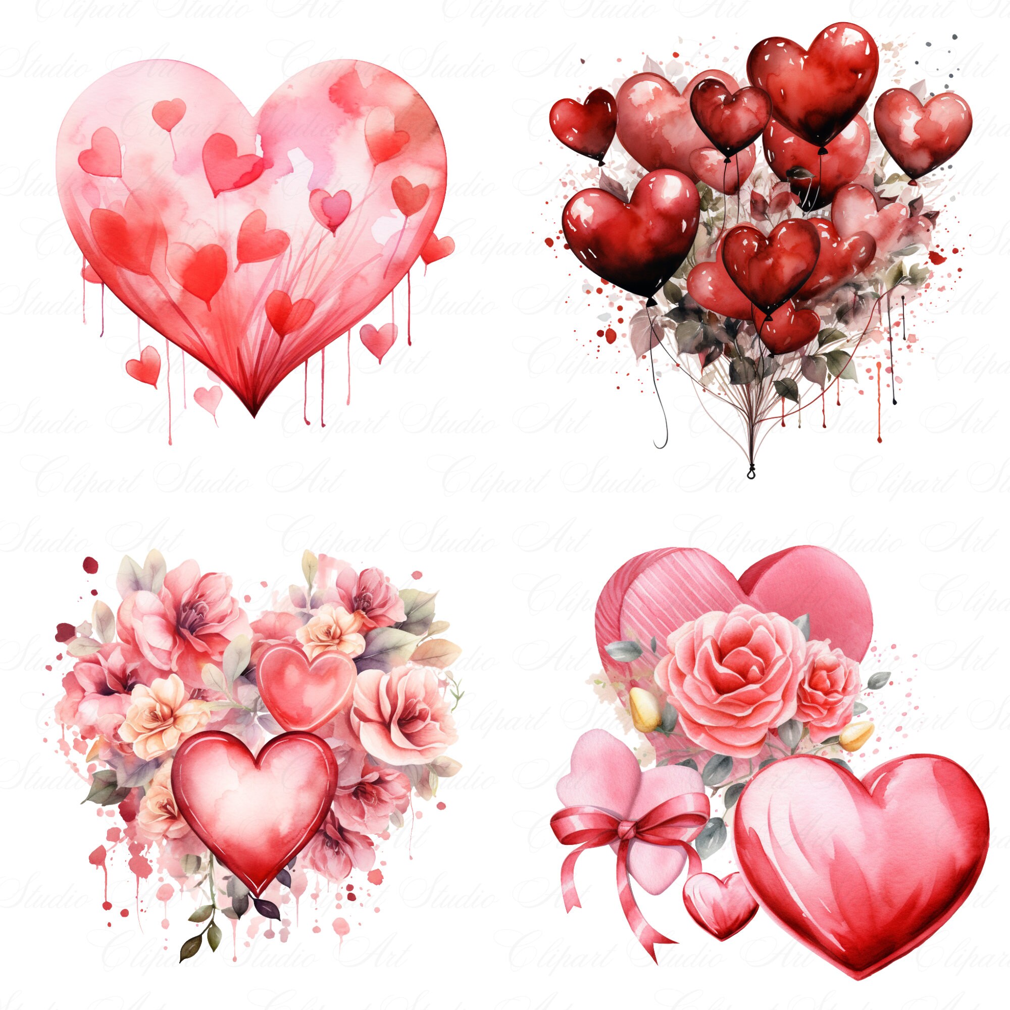 35 Valentine Day Clipart, Valentine Day Watercolor Hearted Clipart ...