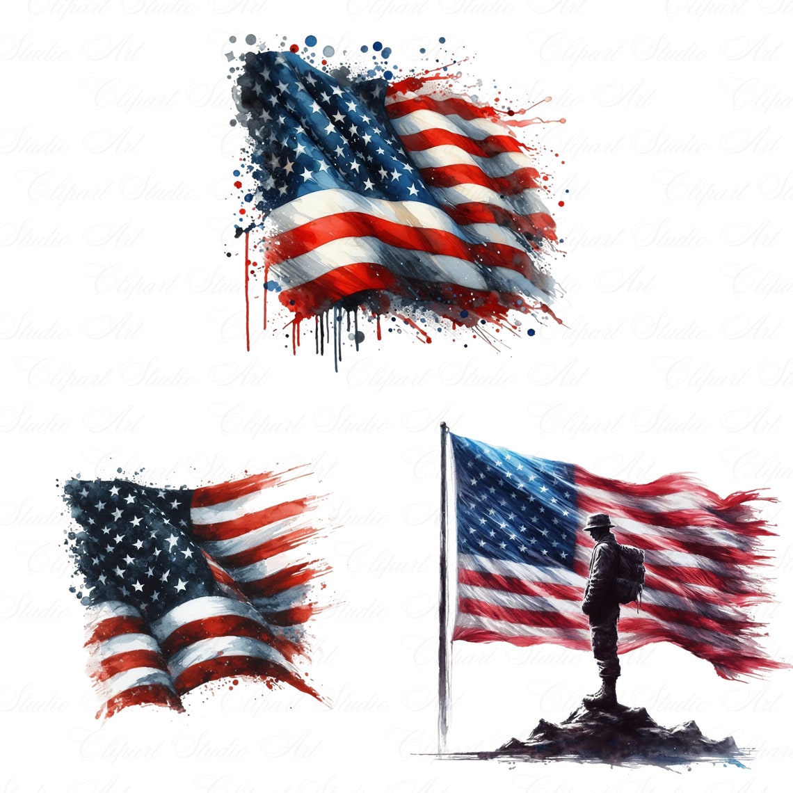 14 USA Flag Clipart, American Flag Day Clipart, Watercolor American ...