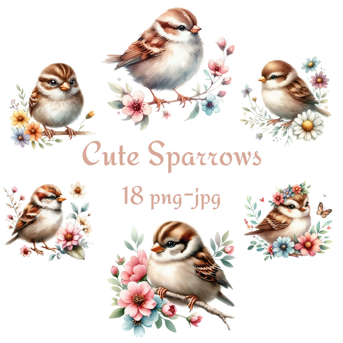 18 Cute Sparrows Clipart, Cute Sparrow With Flowers Clipart, Watercolor Cute Sparrows High ...