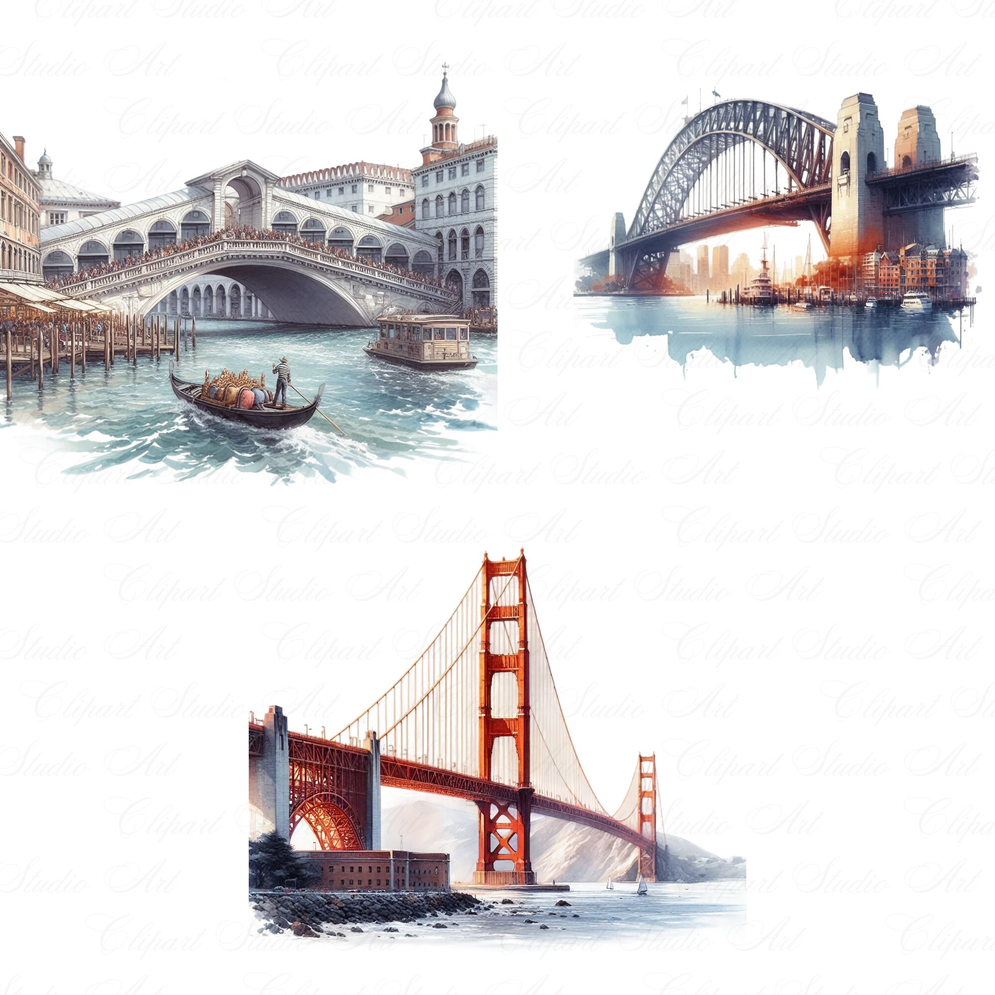 19 Iconic Bridges Clipart, Icons of Cities Clipart, Watercolor Iconic ...