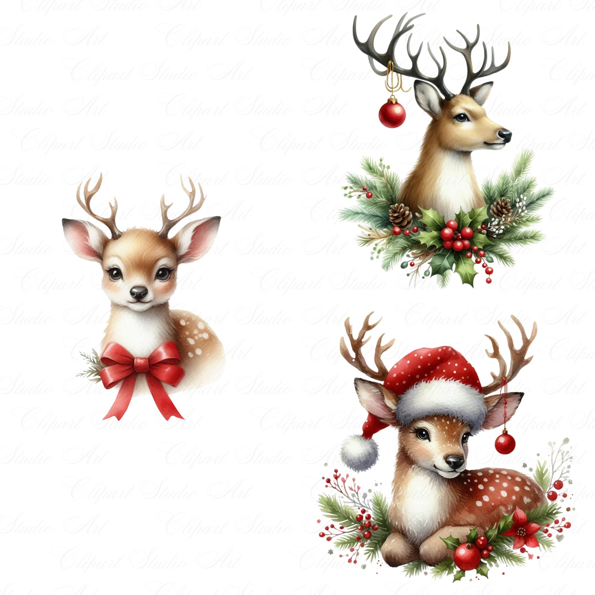 14 Christmas Reindeer Clipart, Forest Animals Clipart, Watercolor ...