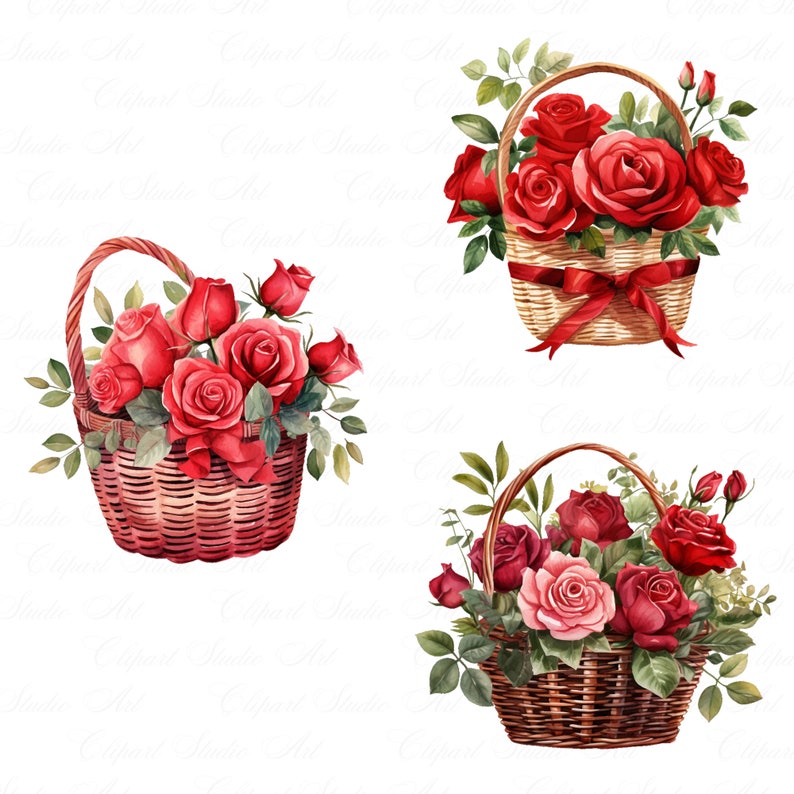 15 Red Rose Gift Basket Clipart, Wedding Bridal Shower Red Rose Gift ...