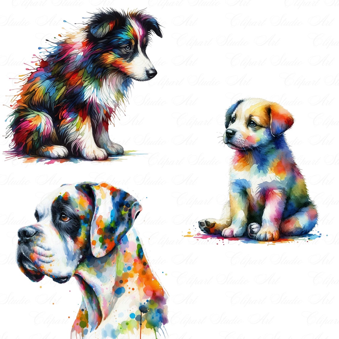 17 Colorful Art Dog Clipart, Colorful Cute Dogs Clipart, Watercolor ...