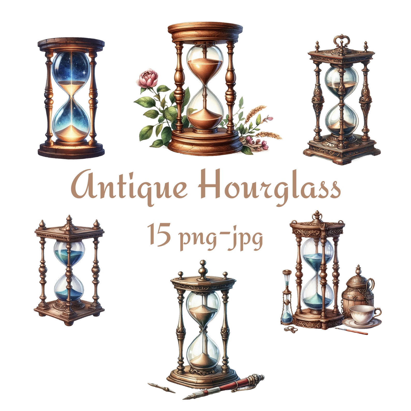 15 Antique Hourglass Clipart, Sand Glass Images Clipart, Watercolor ...
