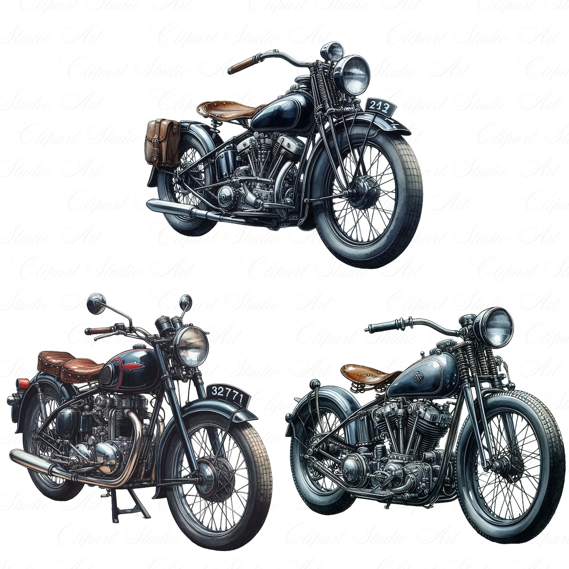 17 Classic Motorcycle Clipart, Old Retro Motorcycle Clipart, Watercolor Classic Motorcycle ...