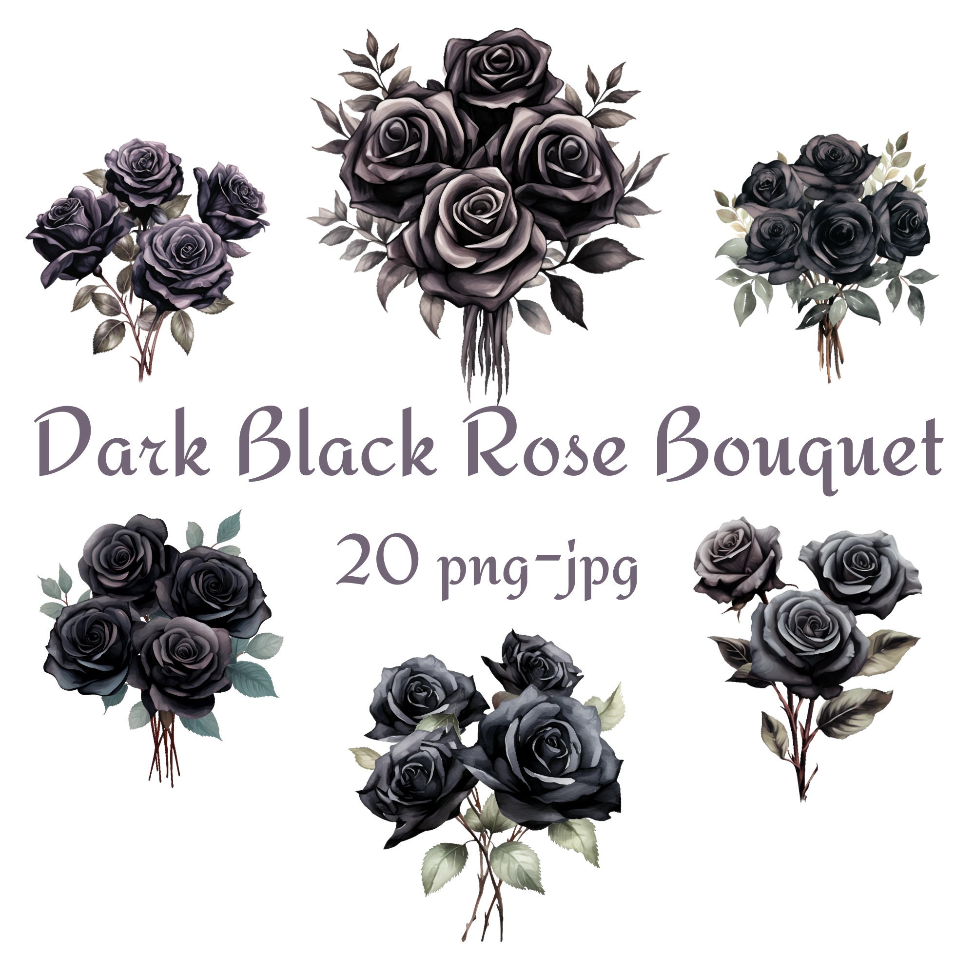 20 Cute Dark Black Rose Bouquet Clipart, Wedding Bridal Shower Black ...