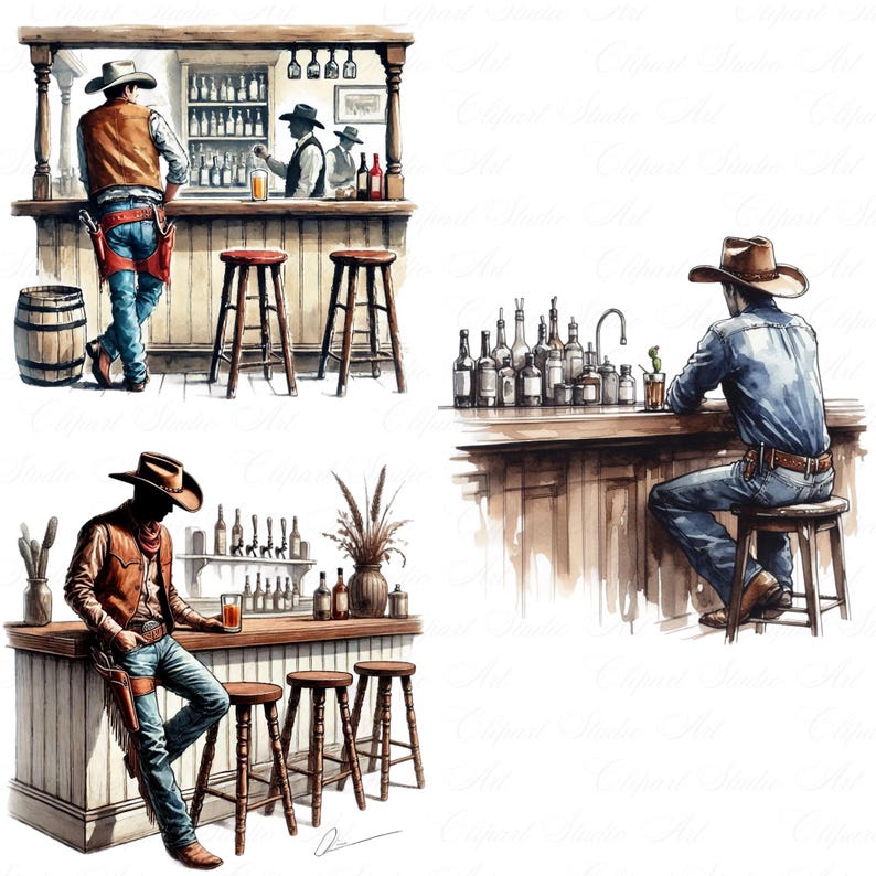 16 Cowboy in the Bar Clipart, Texas Cowboy Clipart, Watercolor Nebraska ...