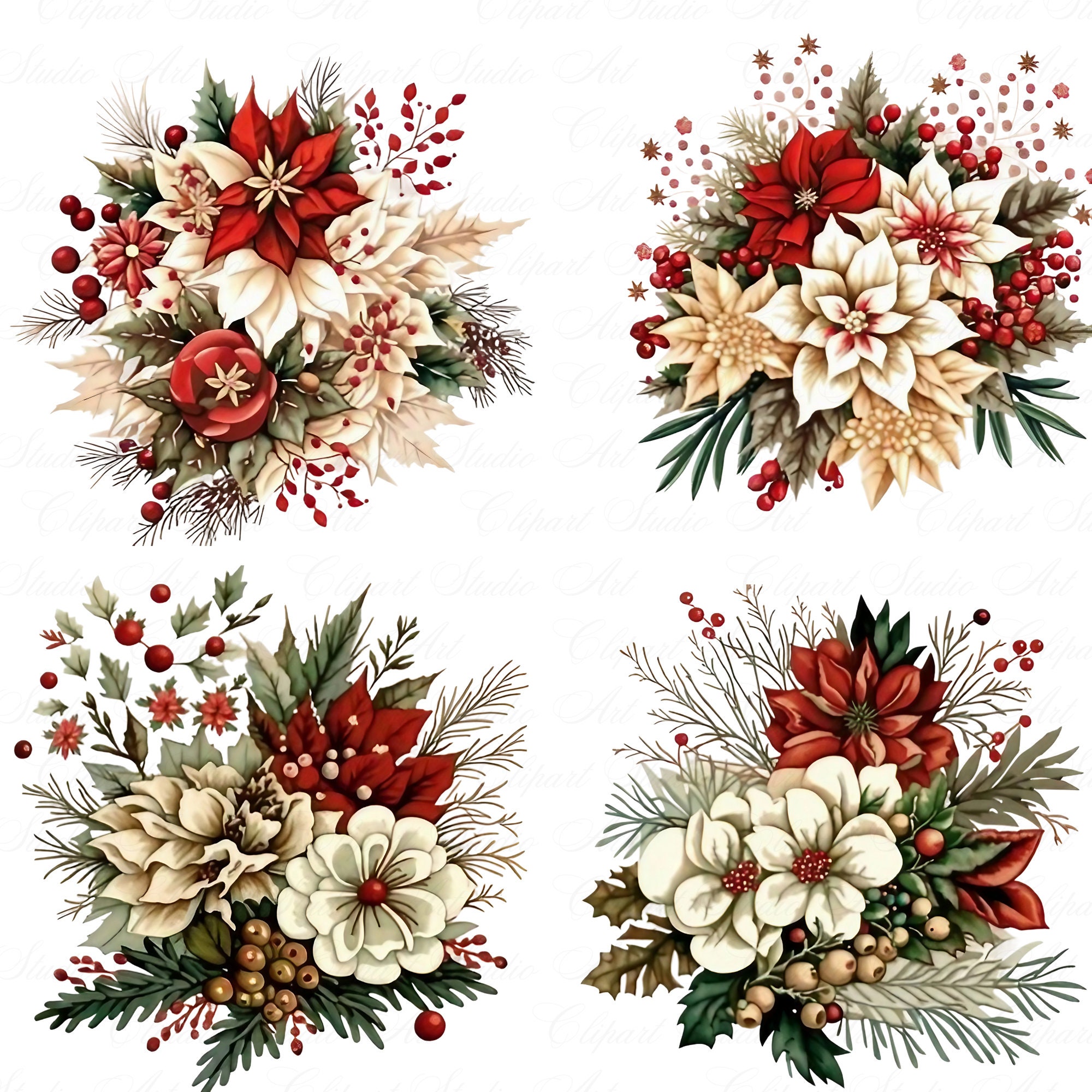 18 Christmas Bouquet Clipart, Colorful Flowers Clipart, Watercolor High ...