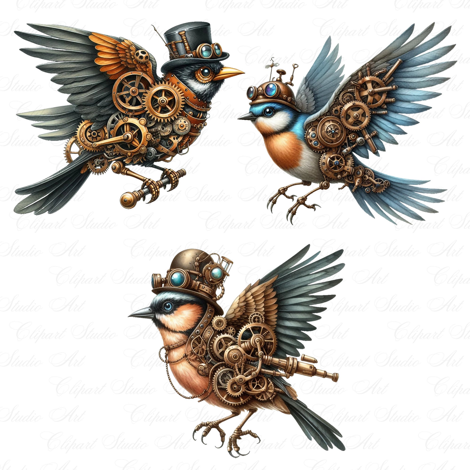 15 Steampunk Birds Clipart, Watercolor Steampunk Birds Clipart ...