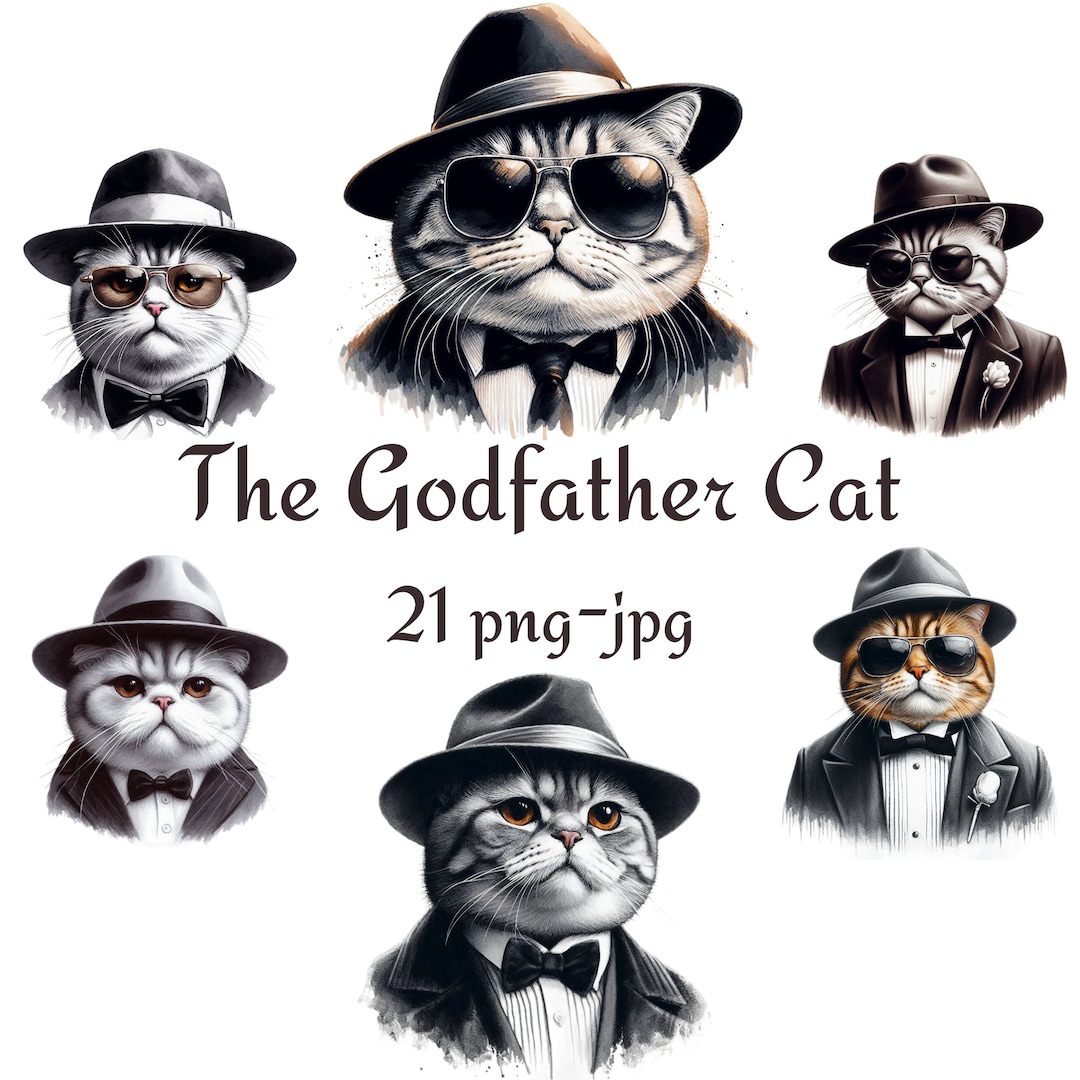 21 the Godfather Cat Clipart, Cute Serious Cats Clipart, Watercolor the ...