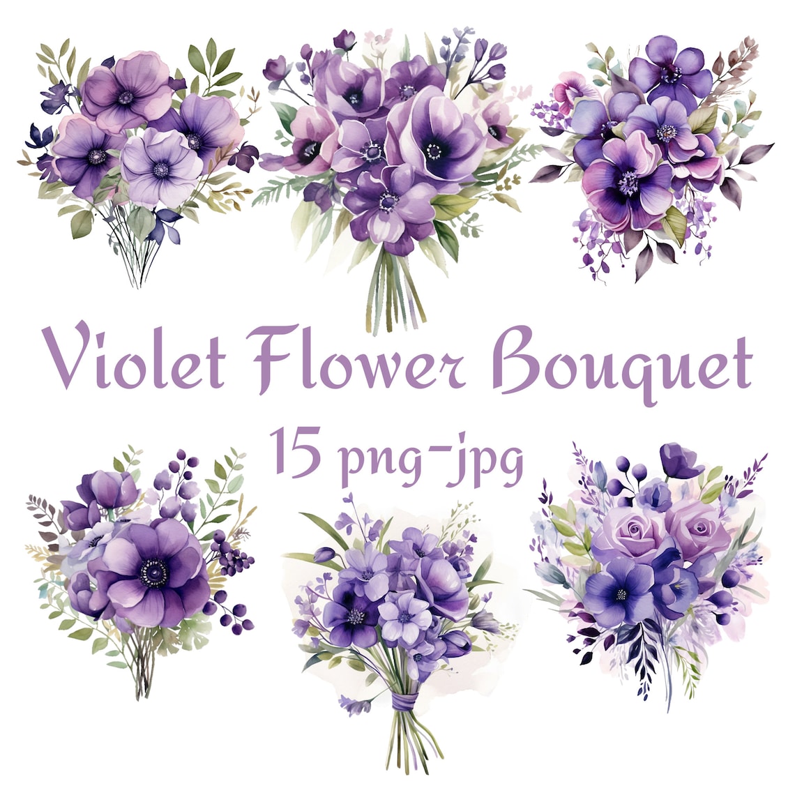 15 Violet Flower Bouquet Clipart, Wedding Bridal Shower Violet Flower ...