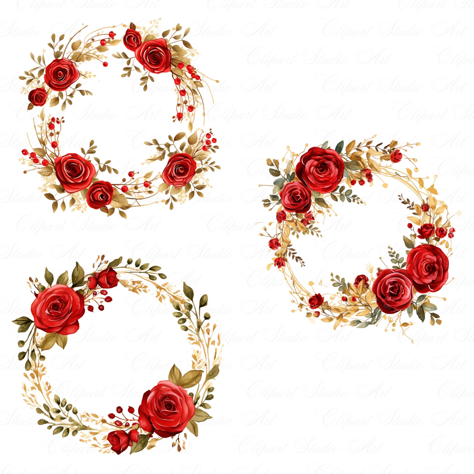 20 Red Rose Wreath With Gold Glitter Clipart, Wedding Bridal Shower Red ...