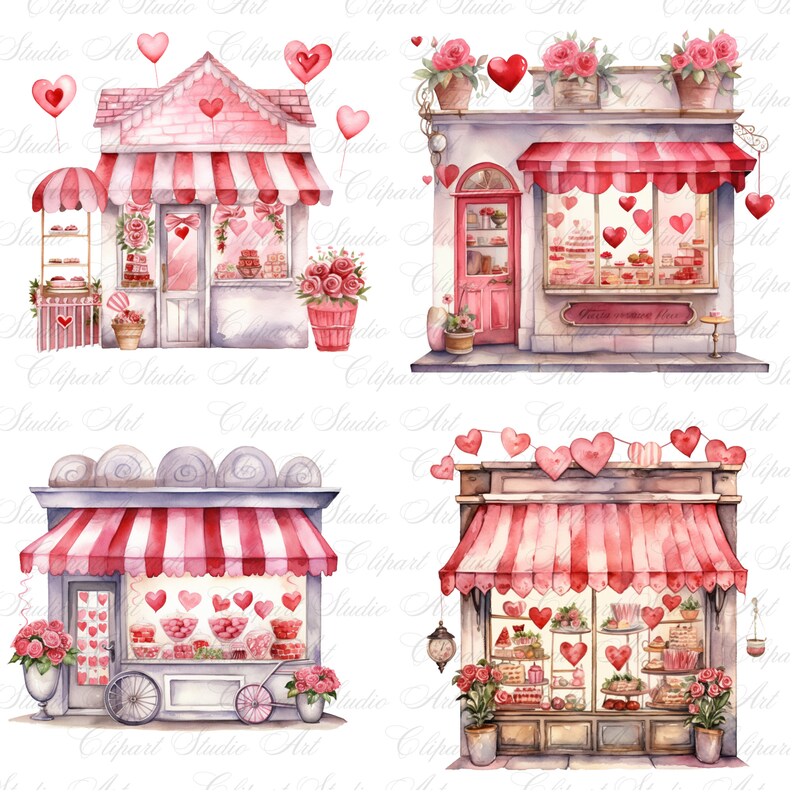 Valentine Candy Shop Clipart, Valentine Shop Watercolor Clipart ...