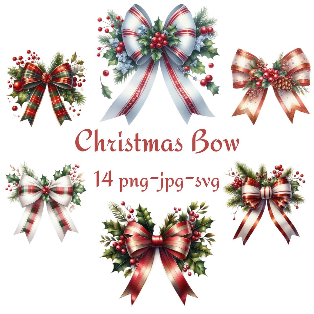 14 Christmas Bow Clipart, Christmas Ribbon Clipart, Watercolor ...