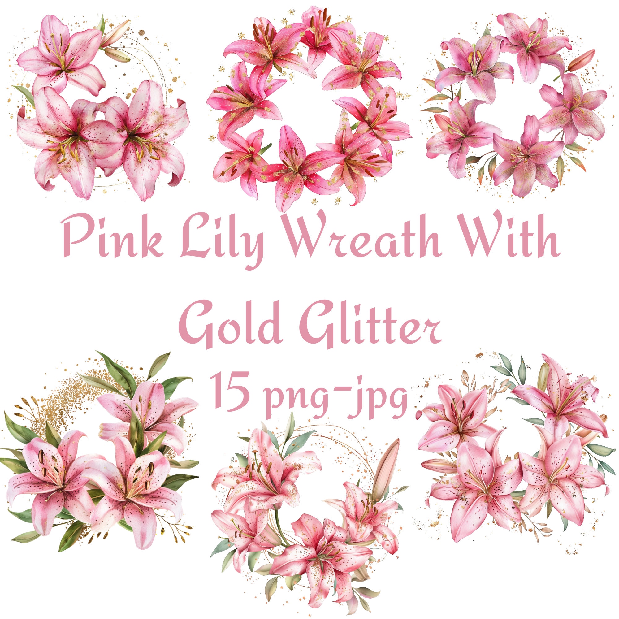 15 Pink Lily Wreath With Gold Glitter Clipart, Wedding Bridal Shower ...
