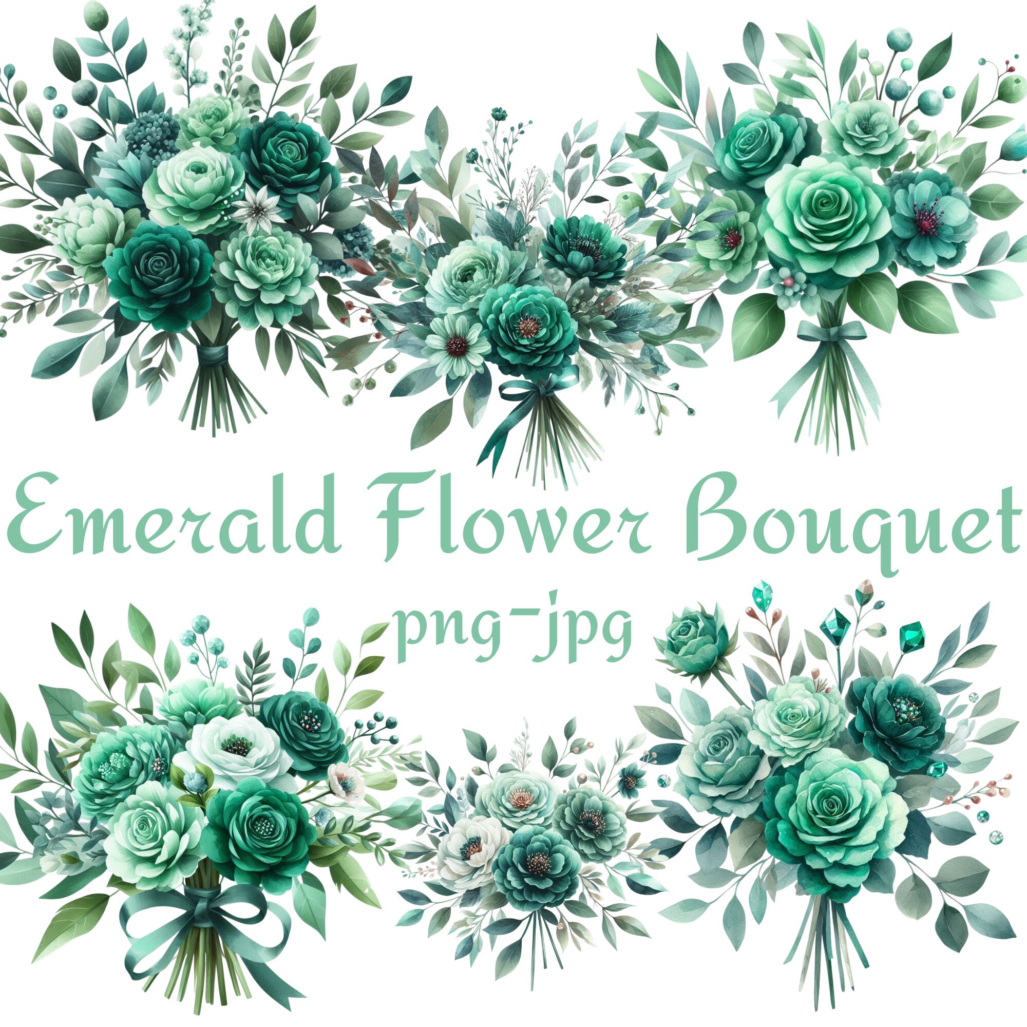 Emerald Flower Bouquet Clipart, Watercolor Emerald Flower Bouquet ...