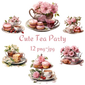 12 Cute Tea Party Watercolor Clipart, Floral Tea Party Clipart ...