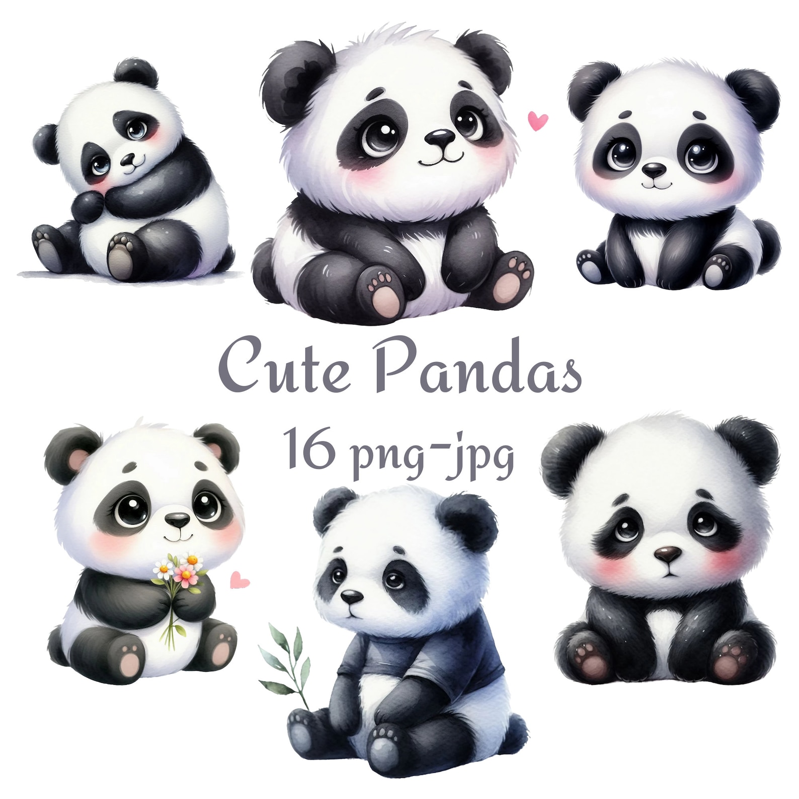 16 Cute Pandas Clipart, Cute Pandas Transparent Background, Watercolor ...