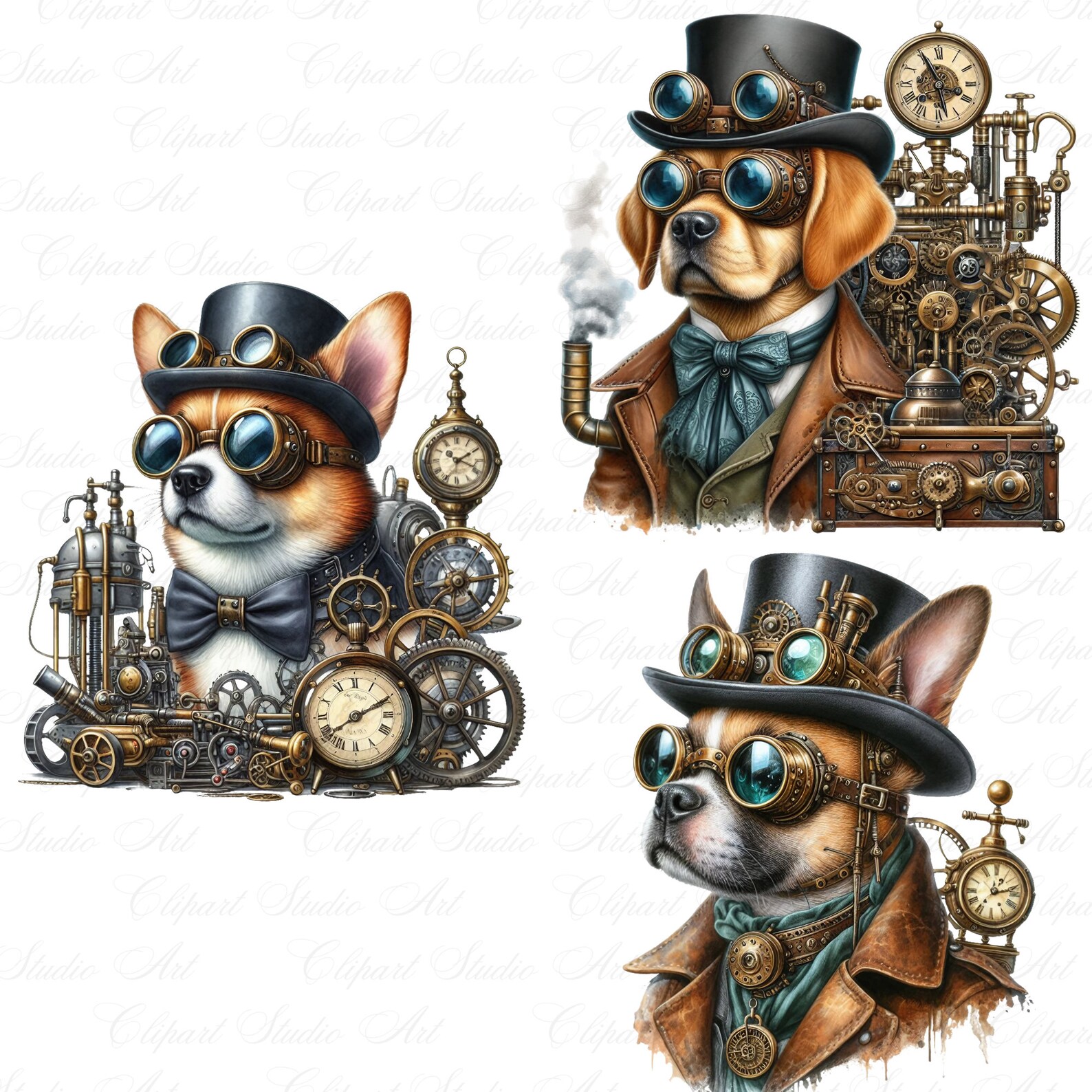 13 Steampunk Dog Clipart, Watercolor Steampunk Dog Clipart, Watercolor ...