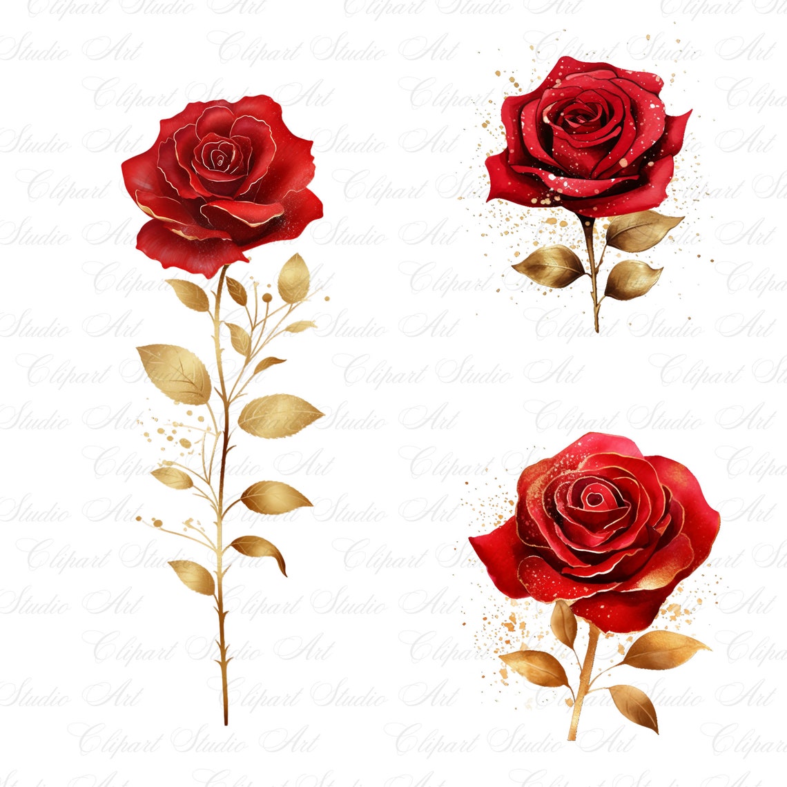 25 Red Rose With Gold Glitter Clipart, Wedding Bridal Shower Red Rose ...