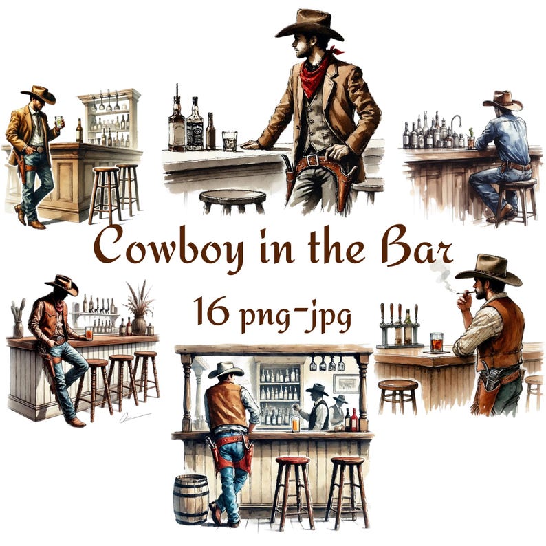 16 Cowboy in the Bar Clipart, Texas Cowboy Clipart, Watercolor Nebraska ...