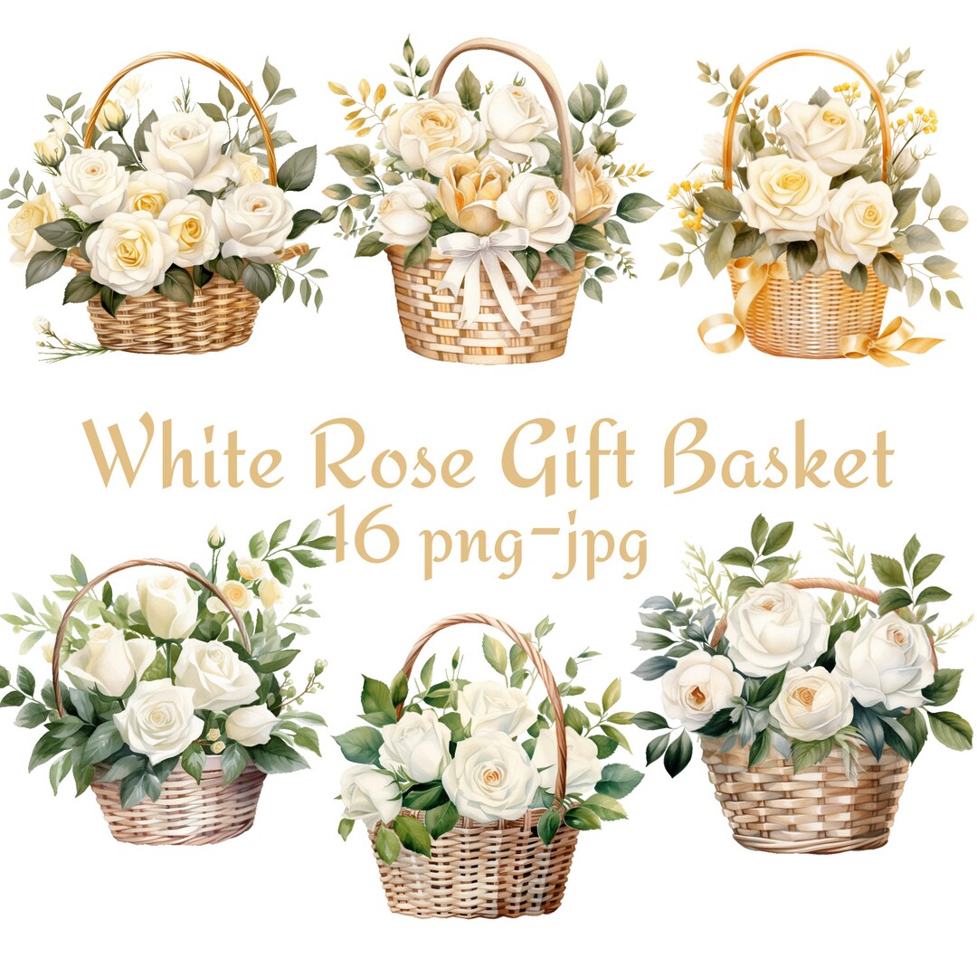 16 White Rose Gift Basket Clipart, Wedding Bridal Shower White Rose ...
