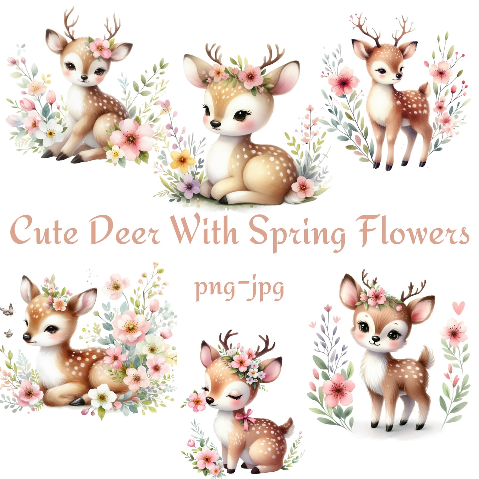 Cute Deer With Spring Flowers Clipart, Watercolor Floral Deer Clipart ...