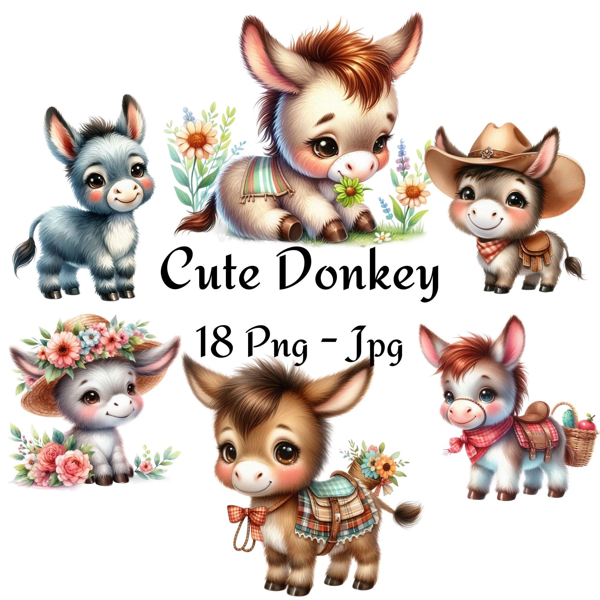 18 Cute Donkey Clipart, Cute Donkey Colt Clipart, Cowboy and Flowered ...