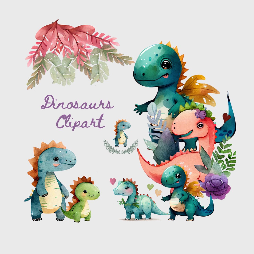 Dinosaurs Watercolor Clipart, Cute Dino Baby Shower Graphics, Birthday ...