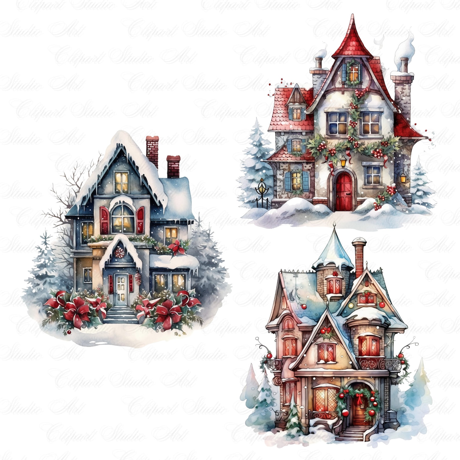 10 Christmas Watercolor House Clipart, Christmas Snowy House Clipart ...