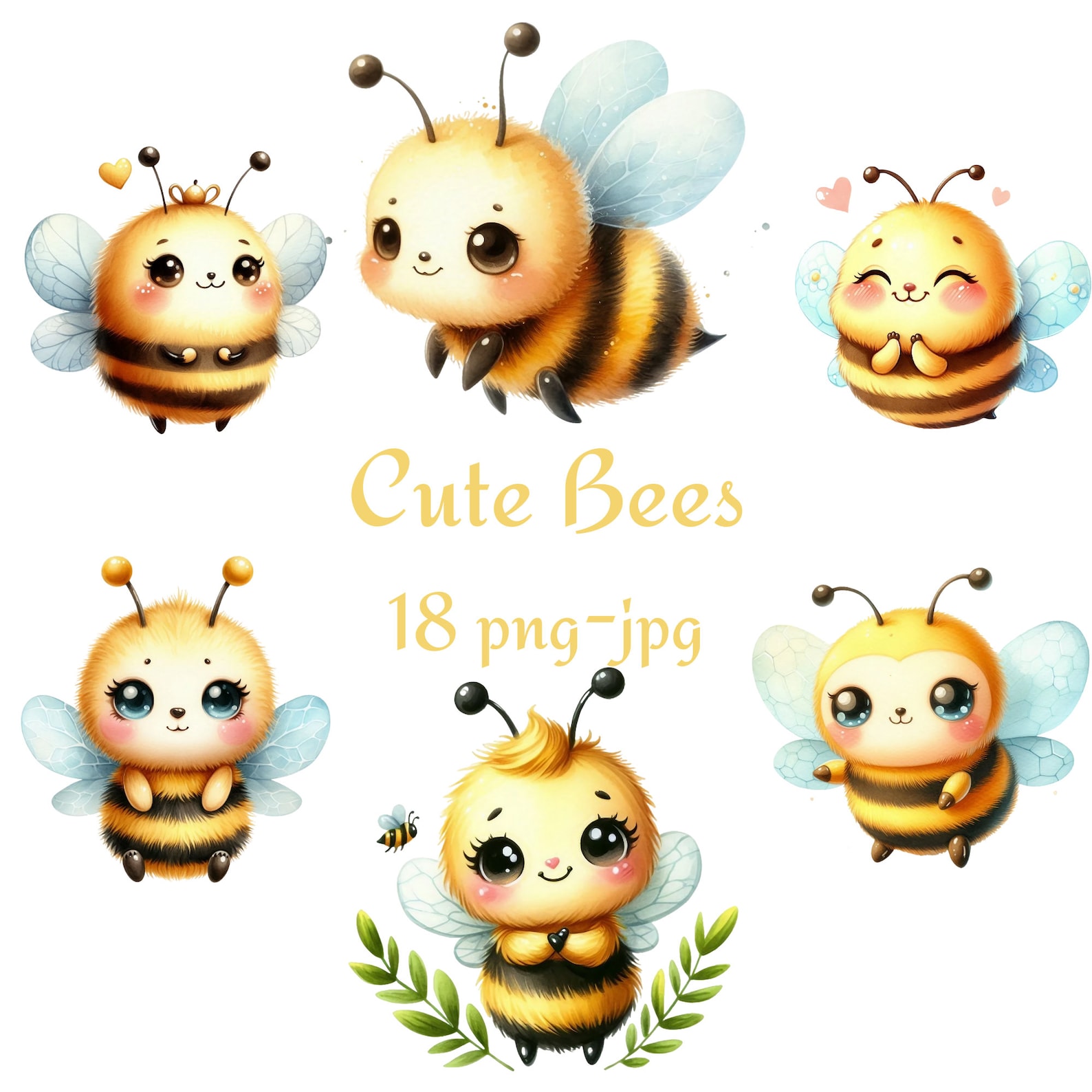 18 Cute Bees Clipart, Sweet Bees Clipart, Watercolor Cute Bees High ...